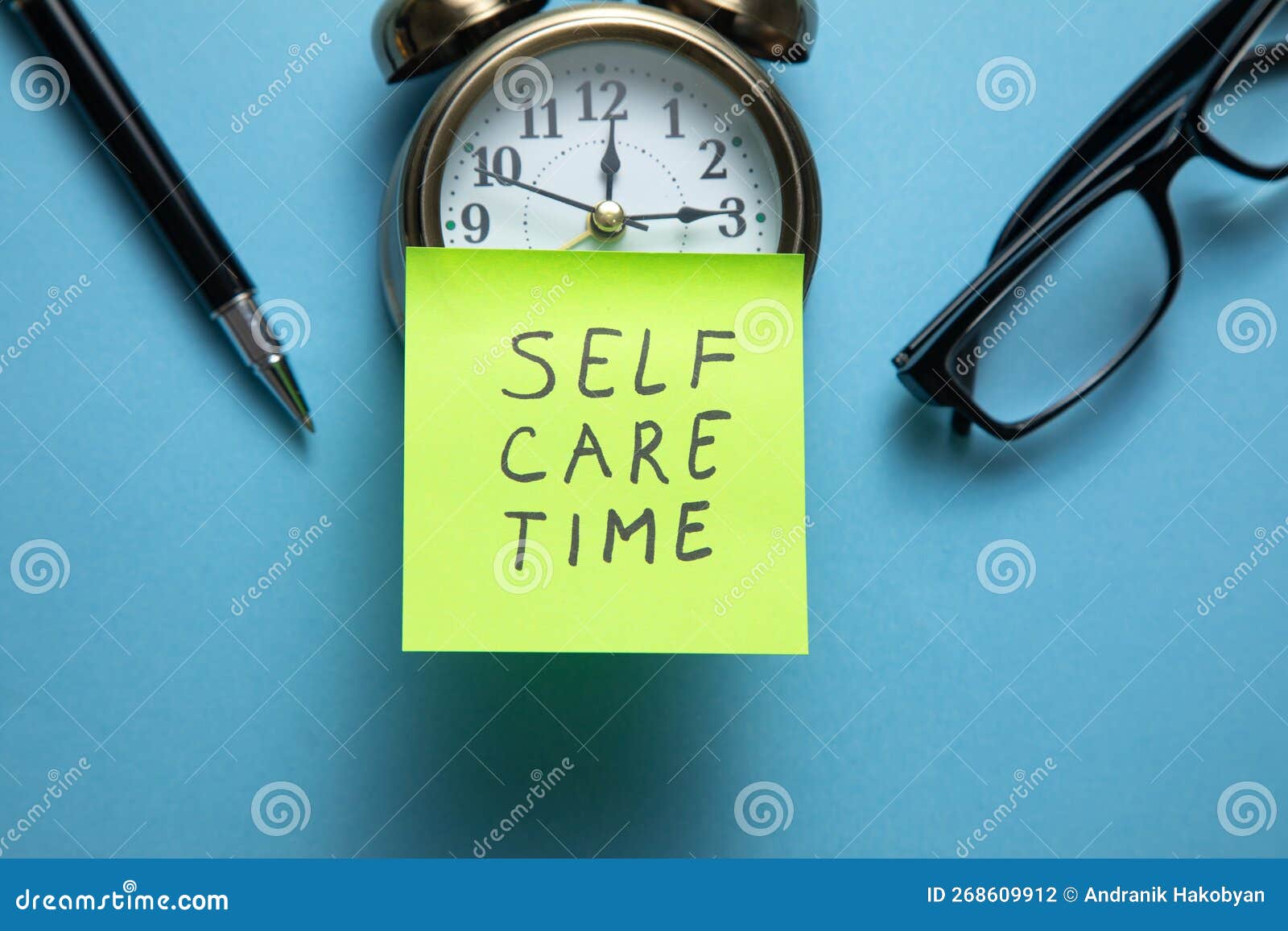 Self Care Time on Sticky Note with a Clock and Business Objects Stock ...