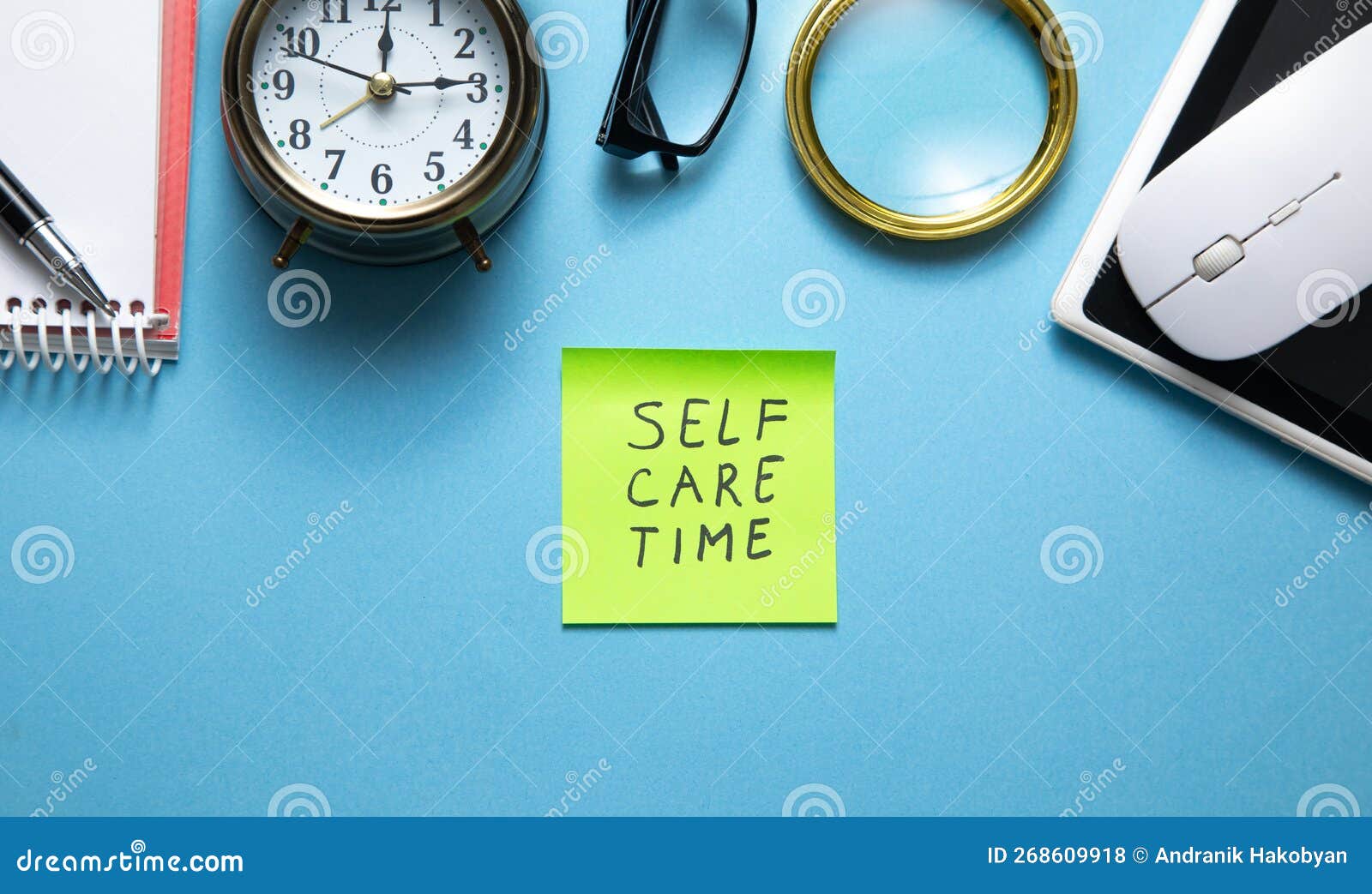 Self Care Time on Sticky Note with a Clock and Business Objects Stock ...