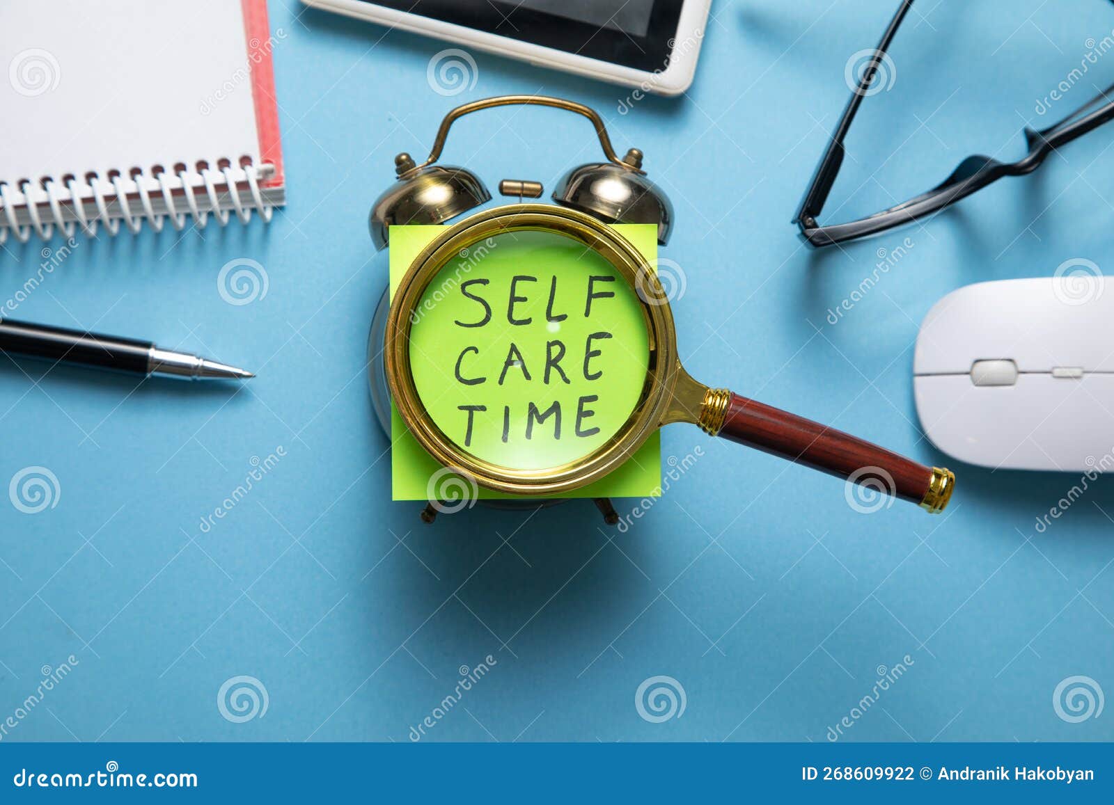 Self Care Time on Sticky Note with a Clock and Business Objects Stock ...