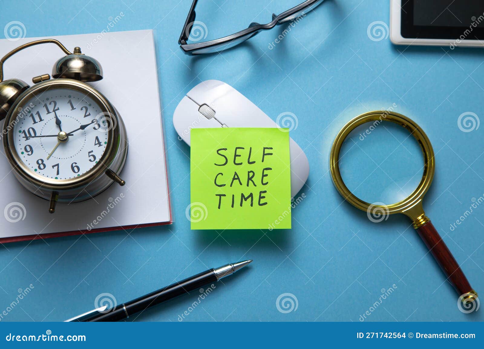 Self Care Time on Sticky Note with a Clock and Business Objects Stock ...