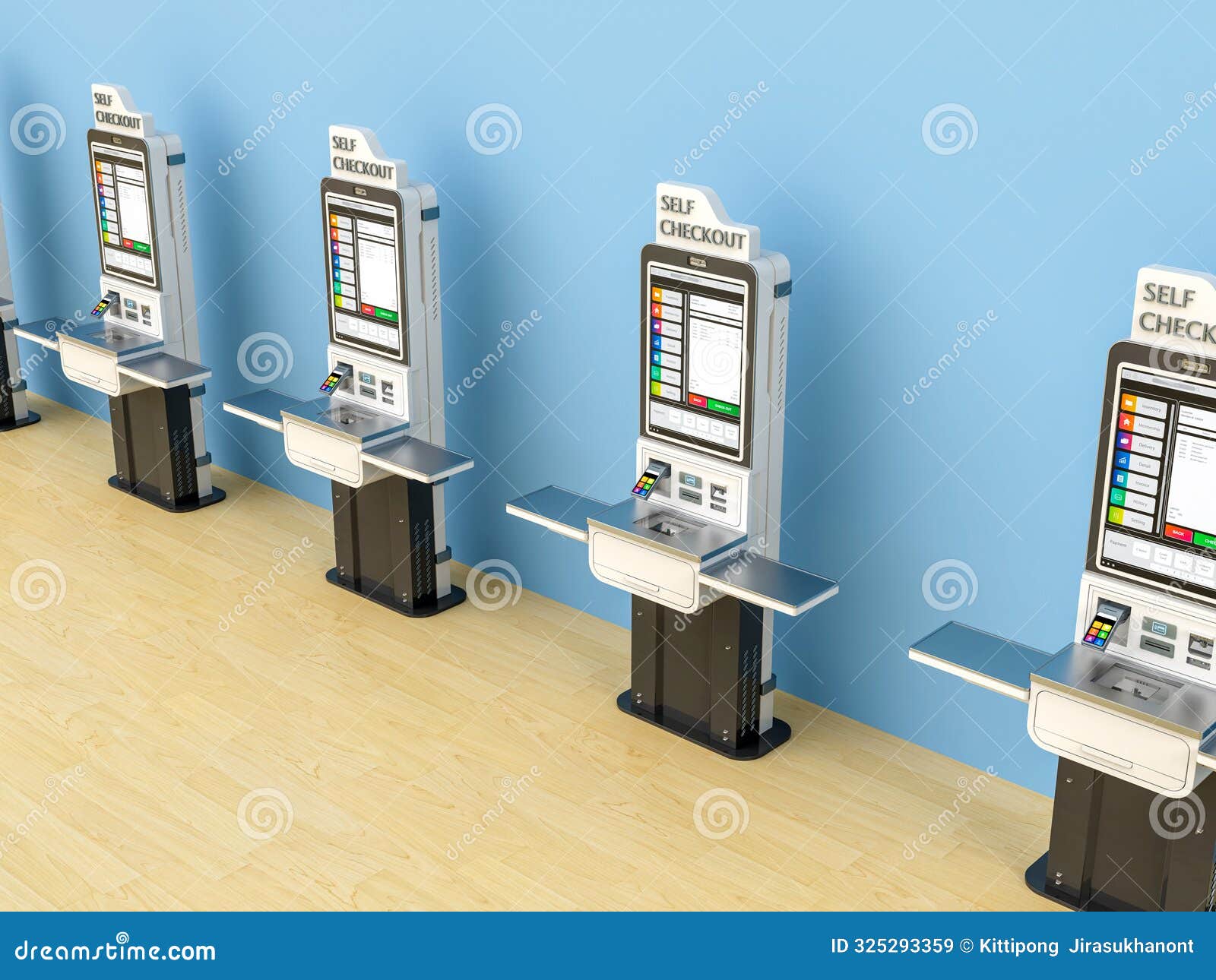 Self-checkout Kiosks or Self-service Payment Machines in a Row Stock ...