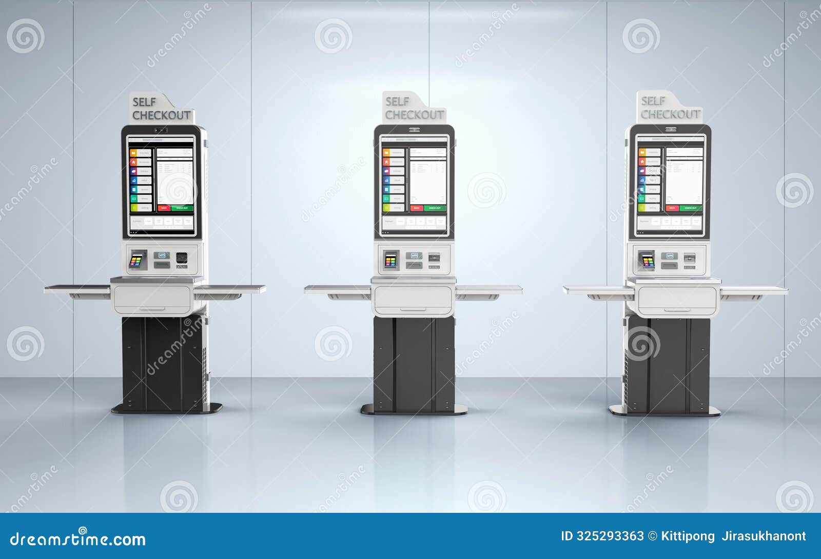 Self-checkout Kiosks or Self-service Payment Machines in a Row Stock ...