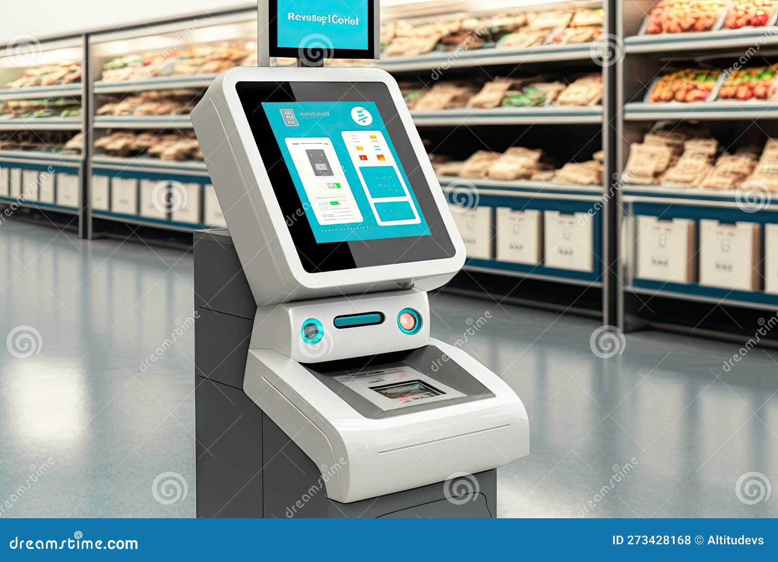 Self-checkout Station with Android Robot Scanning and Bagging Customer ...