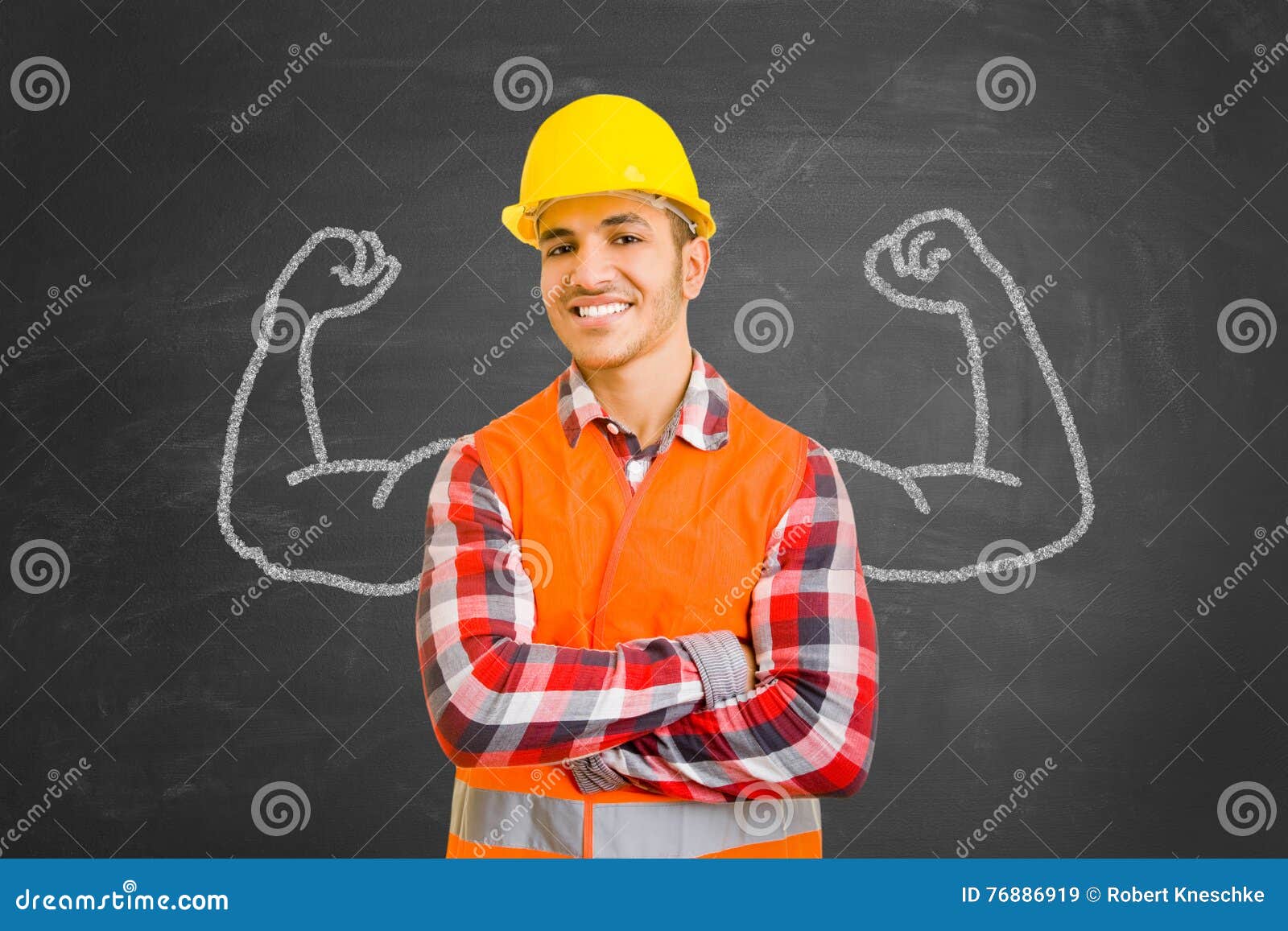 Self-confident Construction Worker with Muscles Drawn with Chalk Stock ...