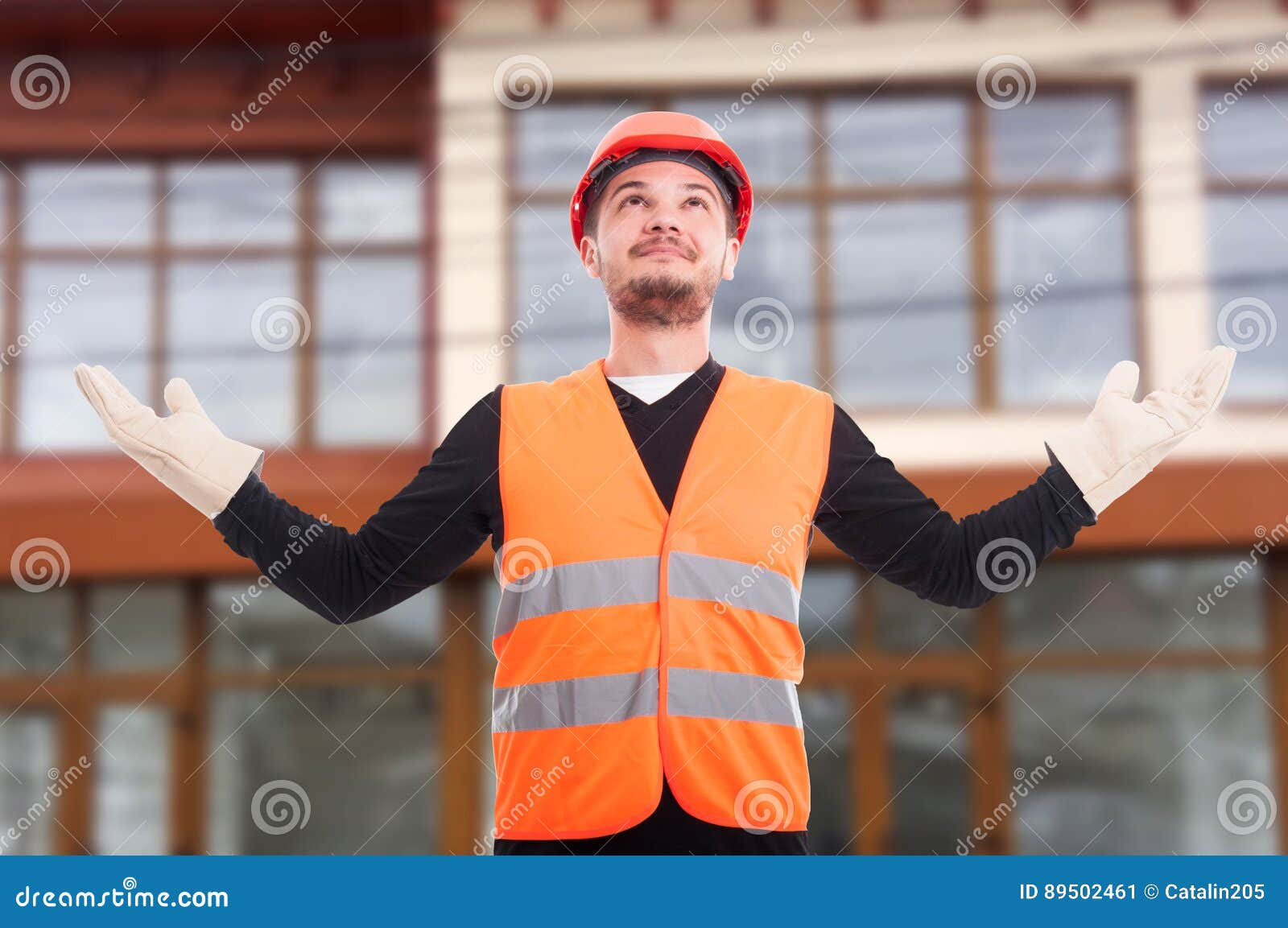 Self-confident Construction Worker Rising His Hands Up Stock Image ...