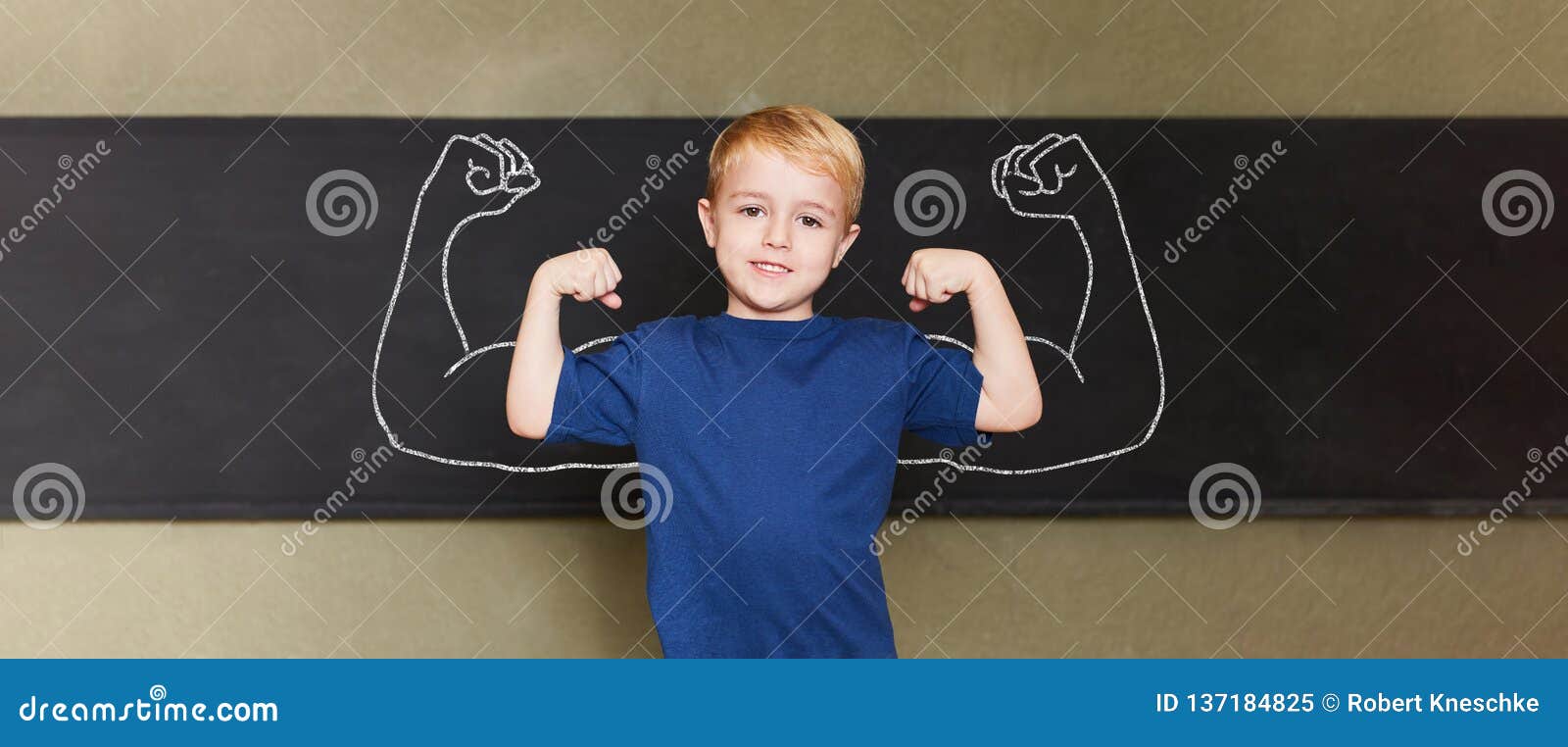 Self-confident Kid with Muscles in Front of Blackboard Stock Image ...