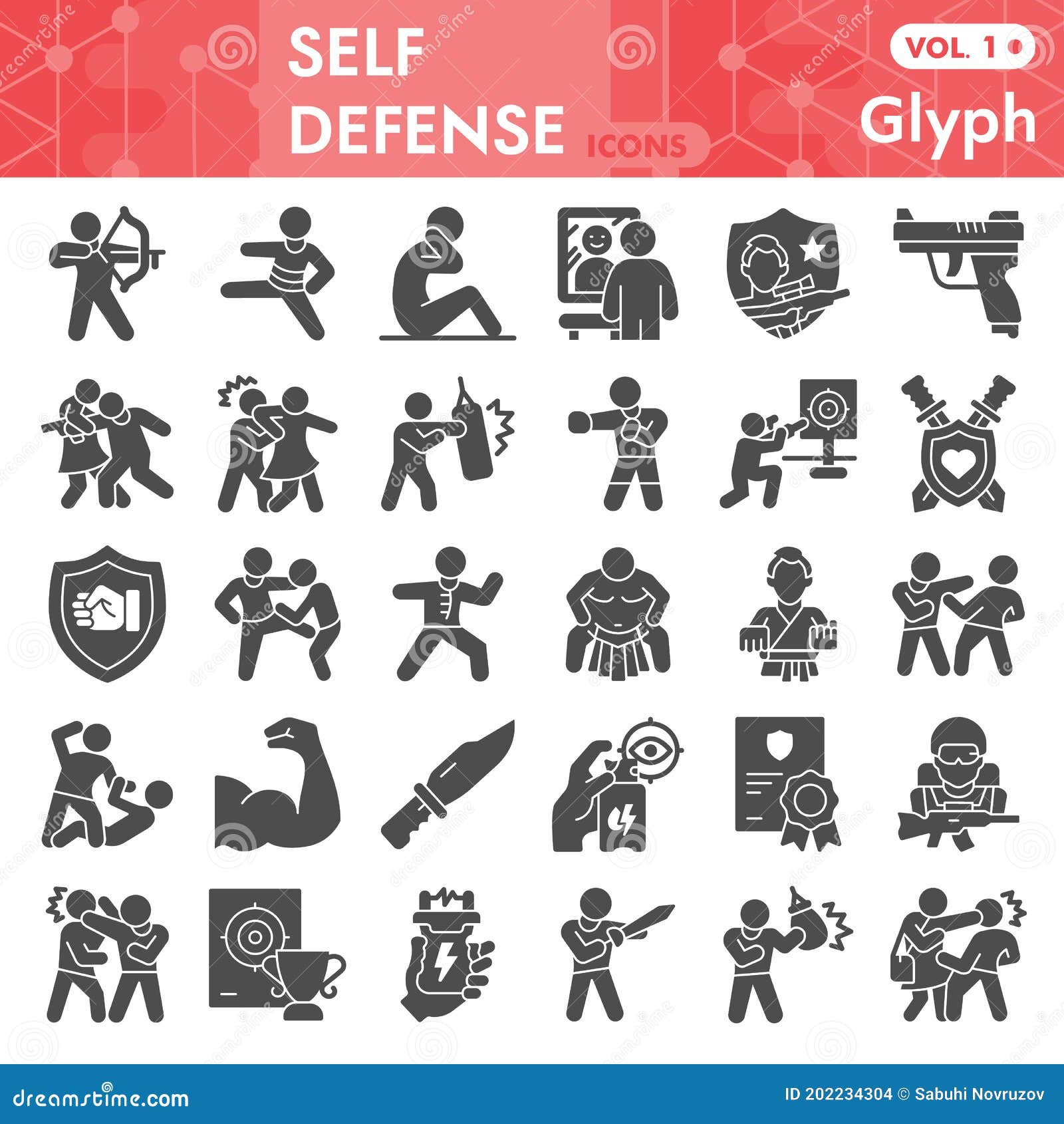 Self Defense Solid Icon Set, Defense Against Attacker Symbols ...