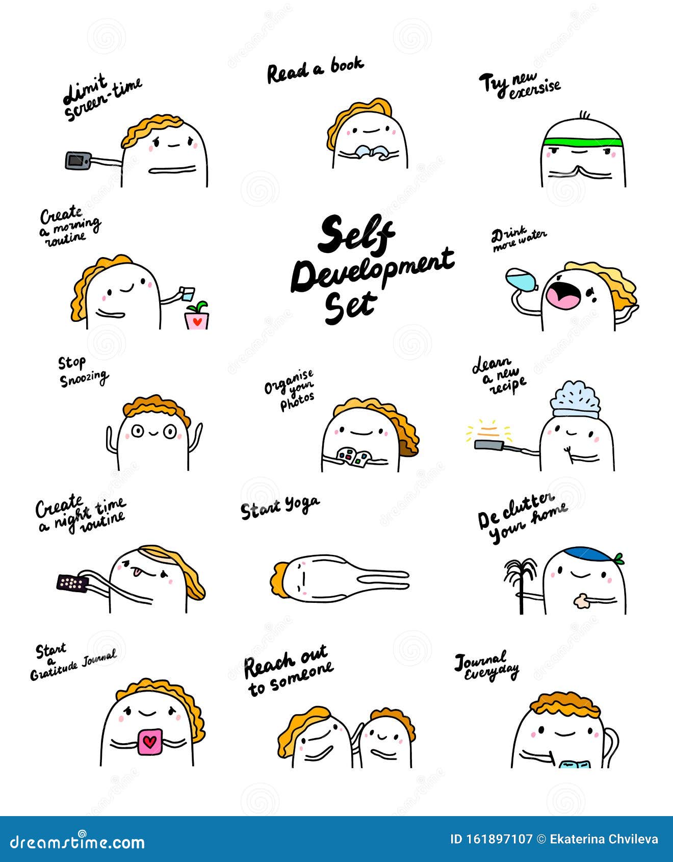 Self Development Set Hand Drawn Vector Illustration in Cartoon Comic ...