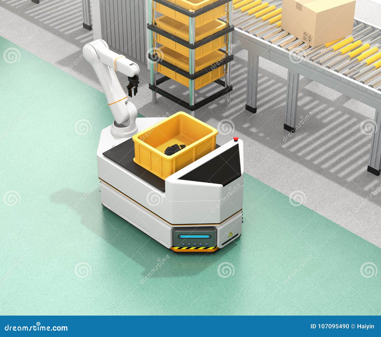 Self Driving AGV with Robotic Arm Moving beside Conveyor Stock ...