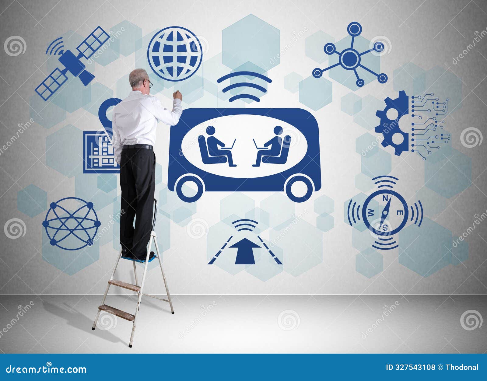 Self-driving Car Concept Drawn by a Man on a Ladder Stock Photo - Image ...