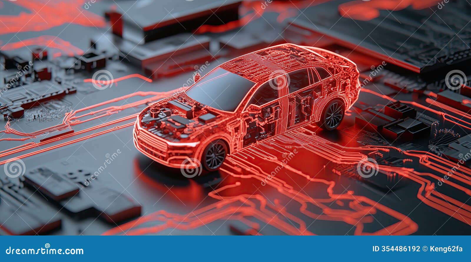 Self Driving Car with Glowing Circuits on Digital Background Stock ...