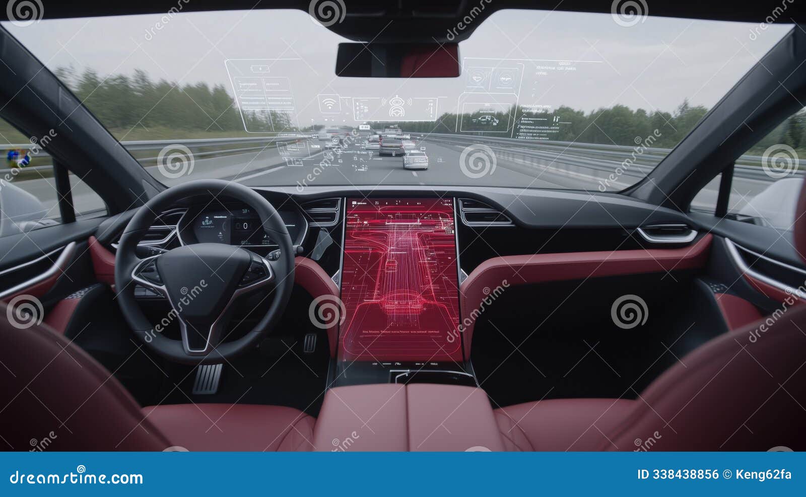 Self Driving Car Interior with Advanced Technology and Highway View ...