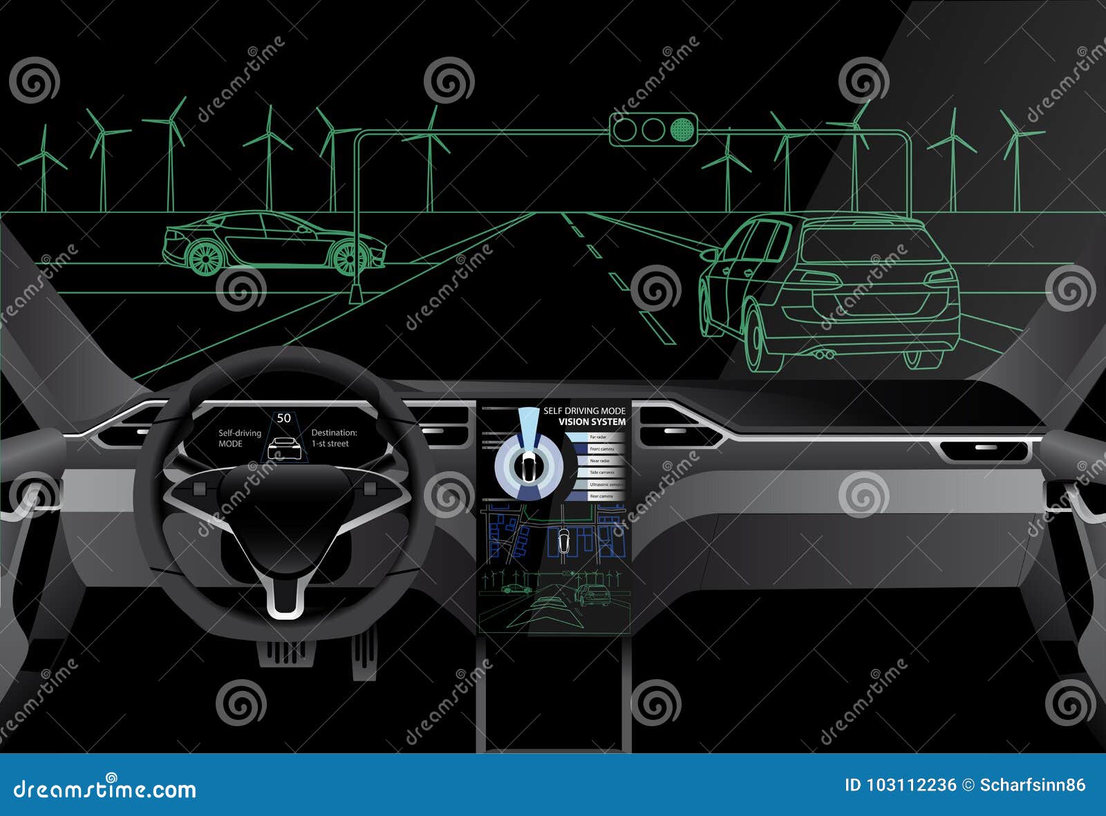 Self Driving Car on a Road. Artificial Intelligence of Vehicle Stock ...