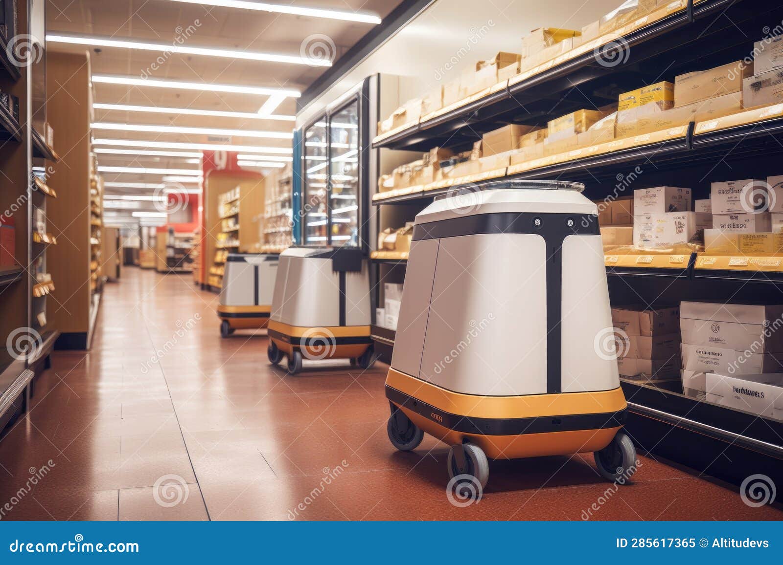 Self-driving Carts Moving Items To Storage Shelves Stock Illustration ...