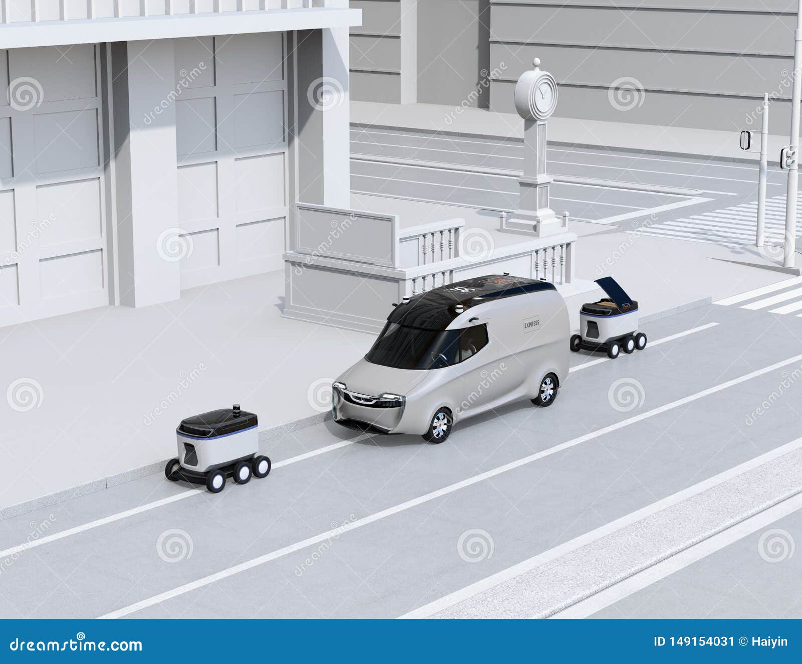 Self-driving Delivery Robots and Delivery Van on the Street Stock ... Self-driving Delivery Robots and Delivery Van on the Street Stock ...