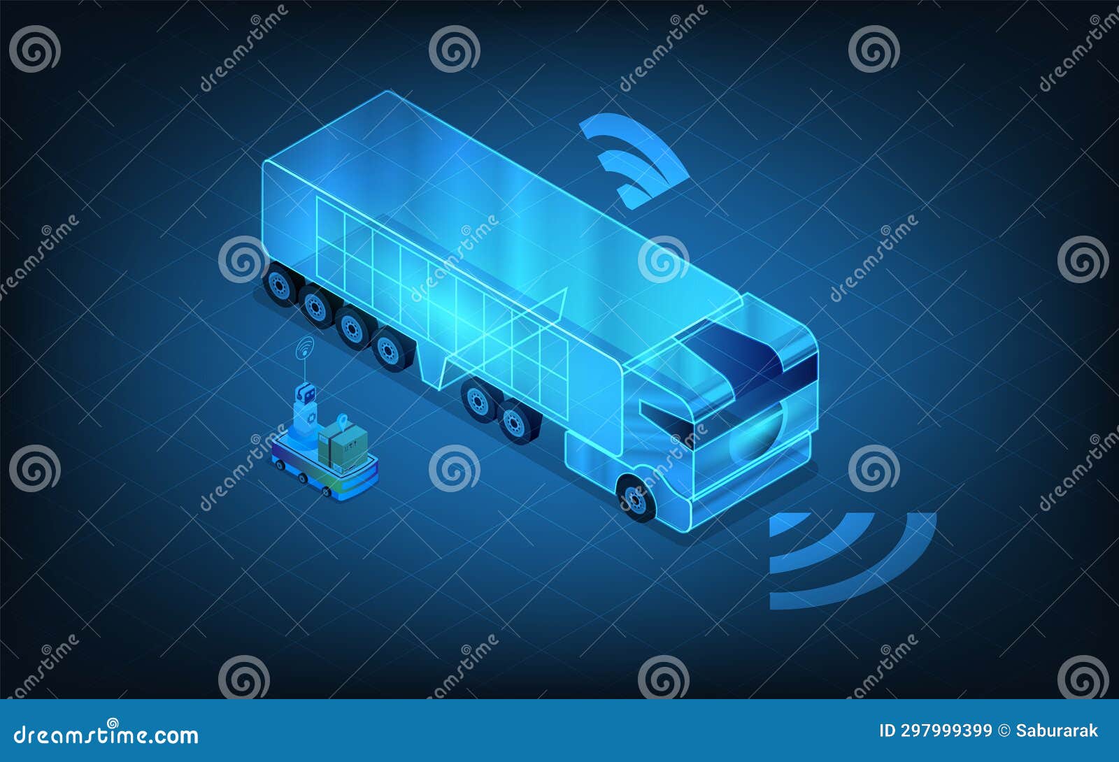 A Self-driving Truck with Robots Loading Cargo into Truck with ...