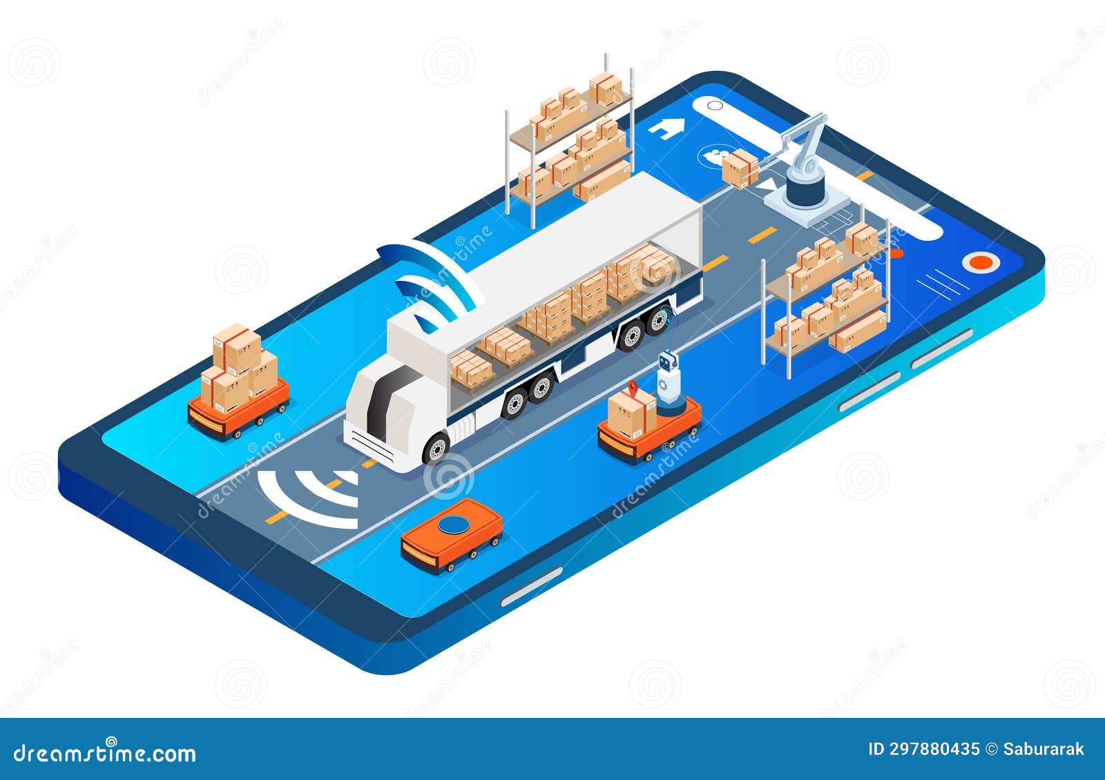 A Self-driving Truck with Robots Loading Cargo into Truck with ...