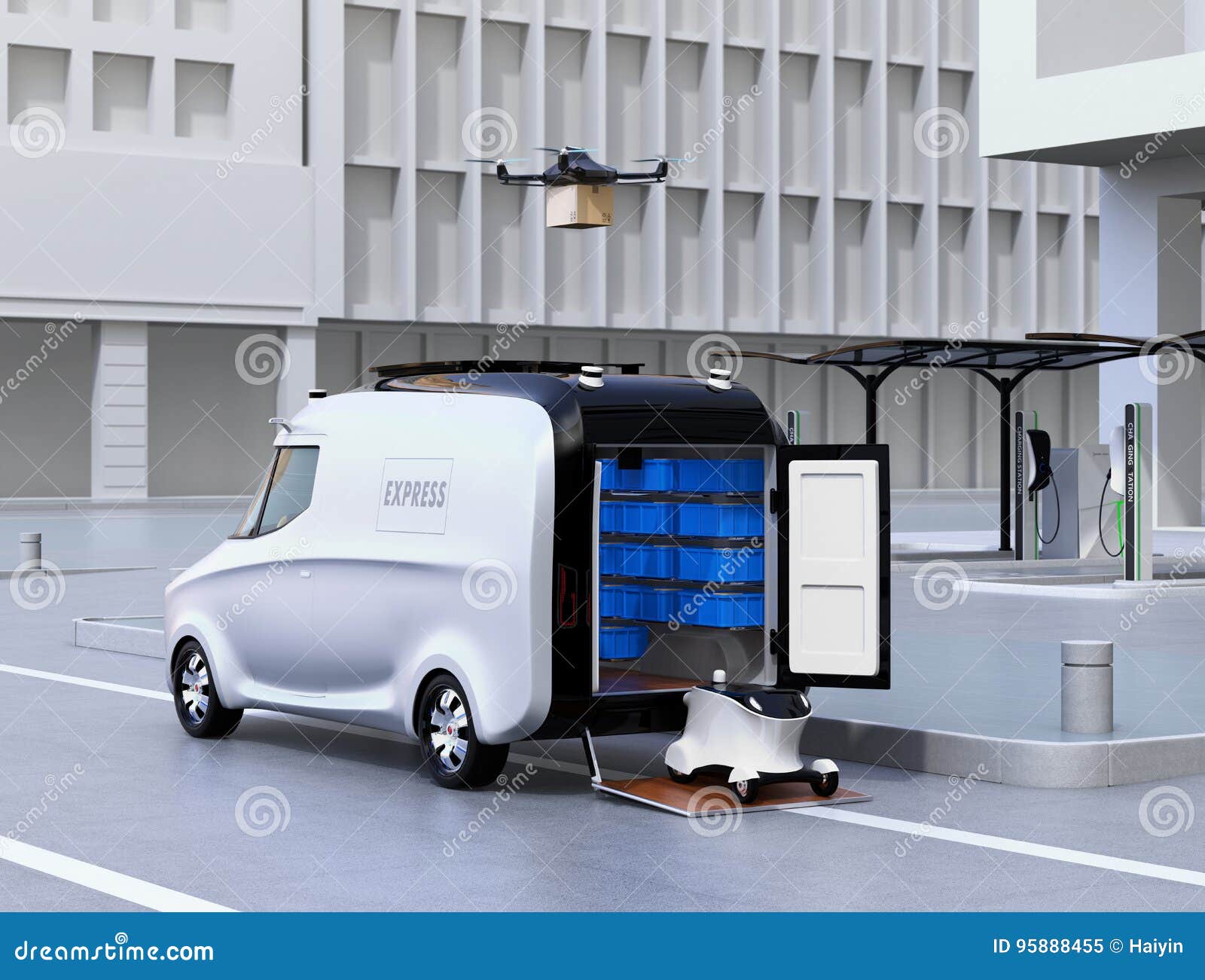 Self-driving Van, Drone and Robot on the Street Stock Illustration ...