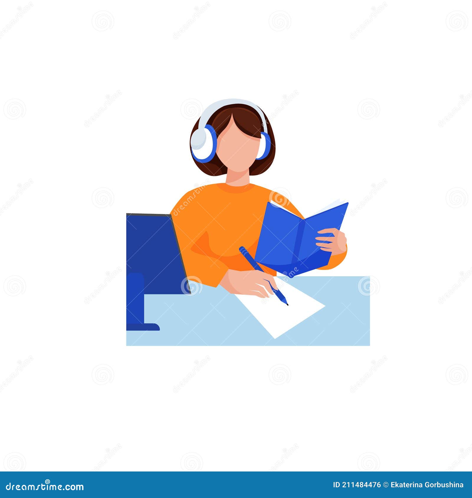 Self Education. Girl Learning by Herself from Textbooks, Doing Homework ...