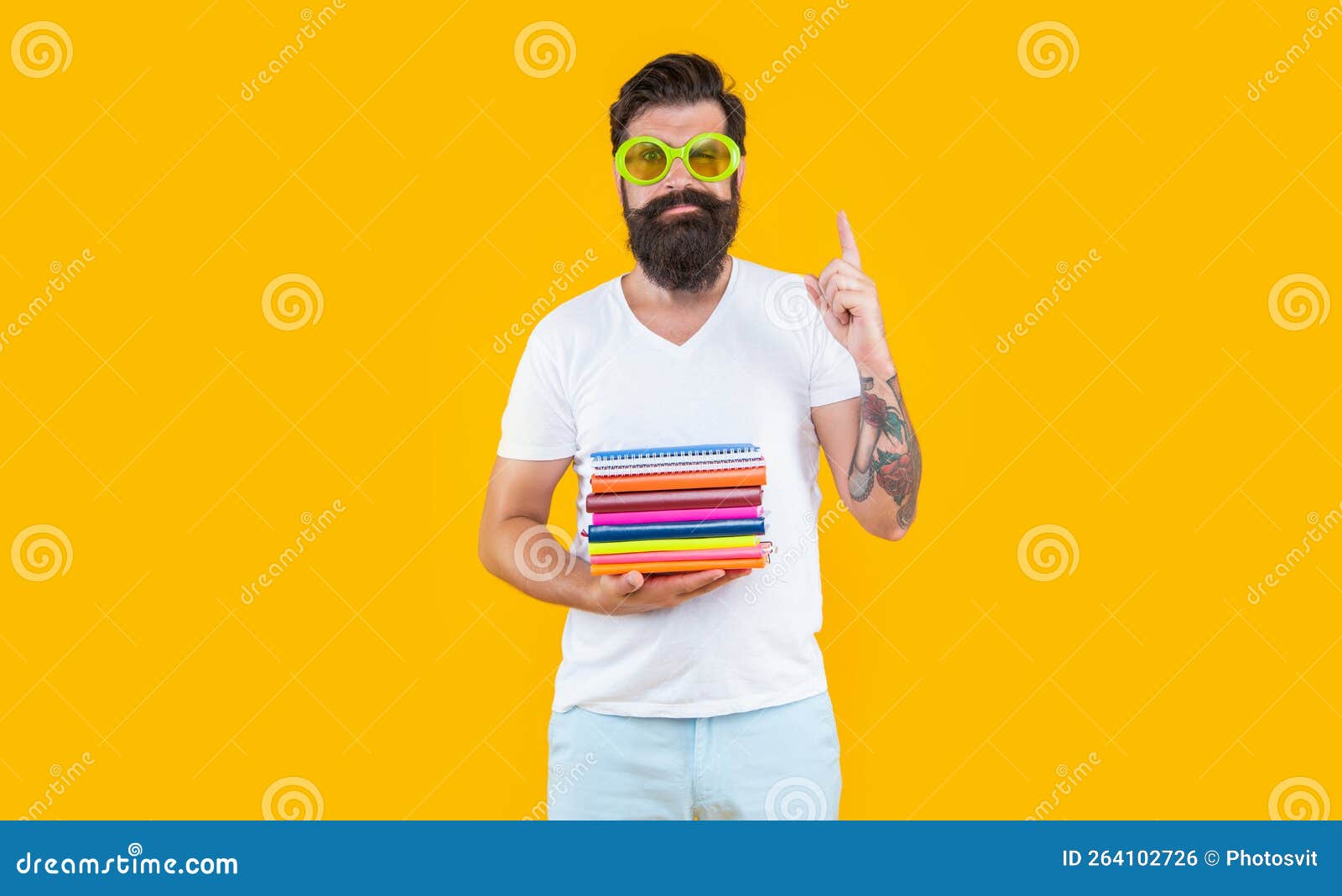 Self Education of Winking Man Student. Man Student with Book Stack for ...