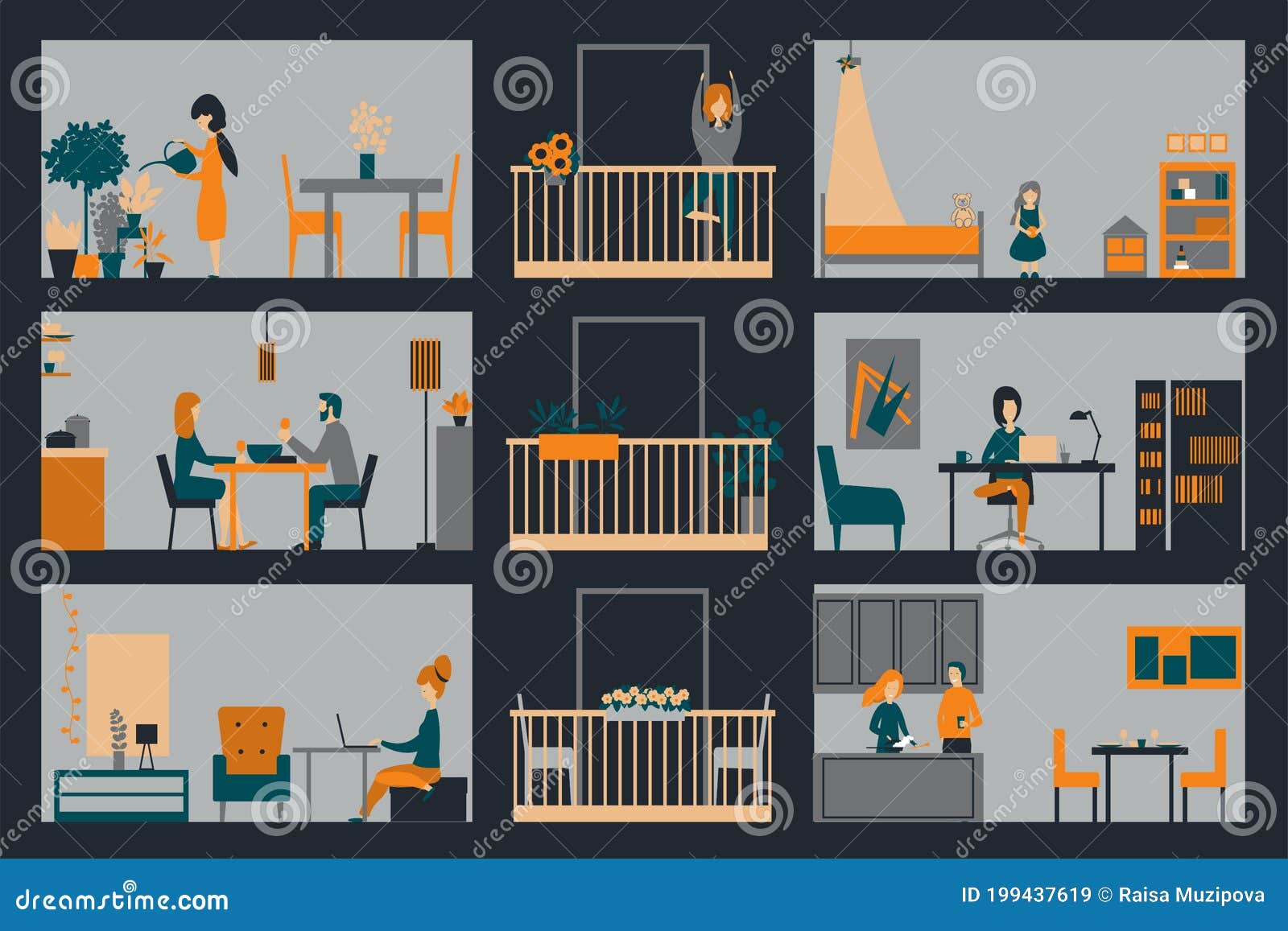 Self-isolation, People in Apartments. Vector Illustration Stock Vector ...