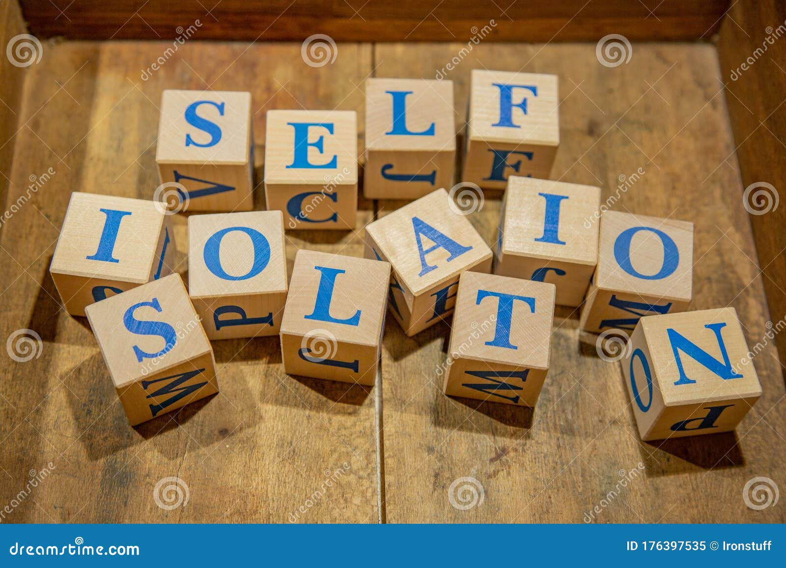 Self-isolation. Wooden Cubes with Blue Letters Stock Image - Image of ...