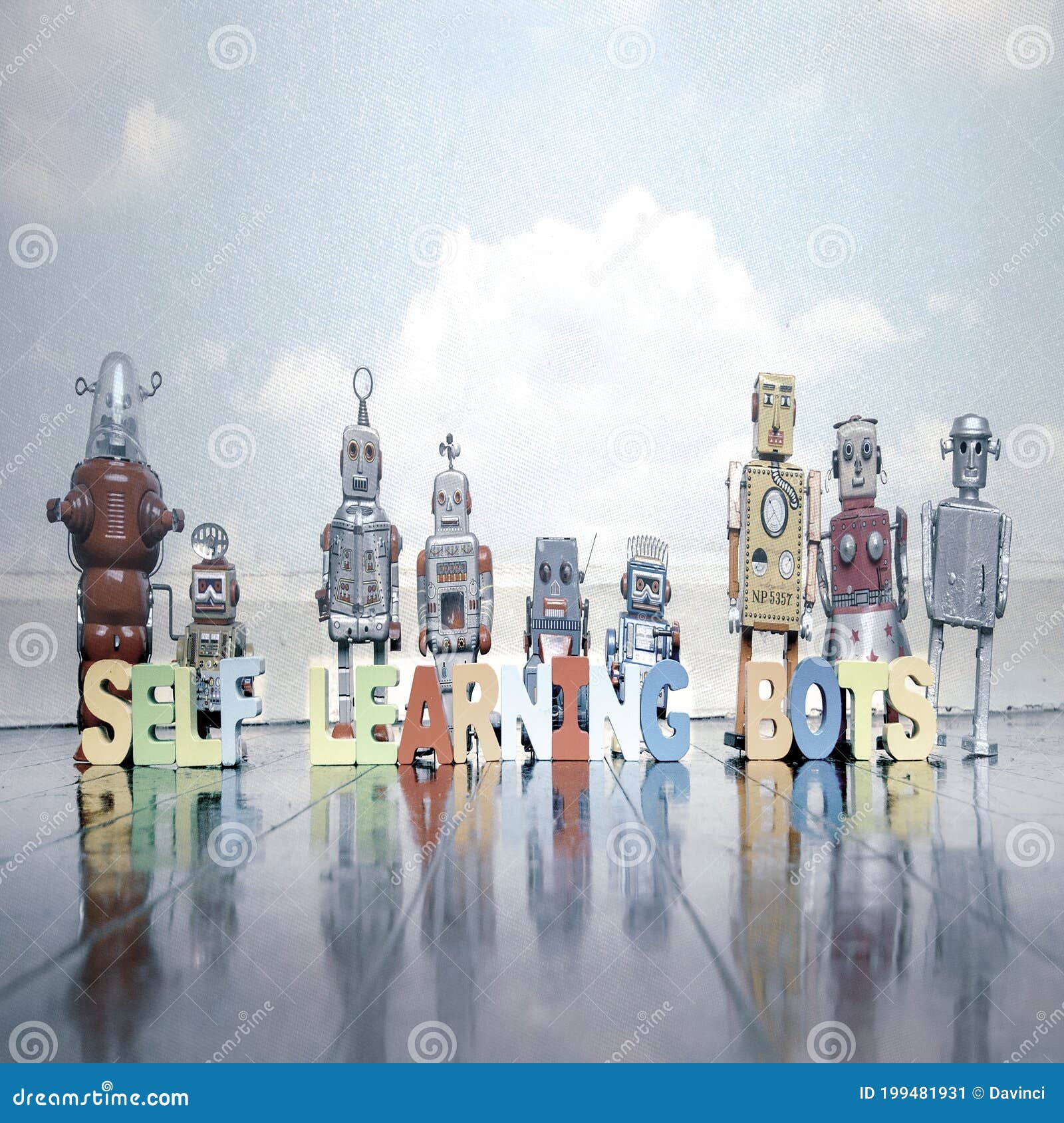 SELF LEARNING BOTS Wooden Letters and Retro Robot Toys Stock Image ...