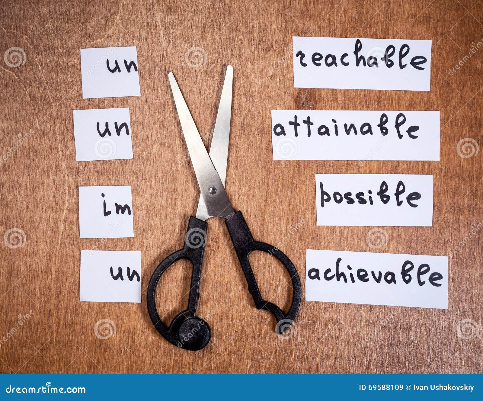 Self Motivation Concept. Negative Words Cut with Scissors. Stock Image ...
