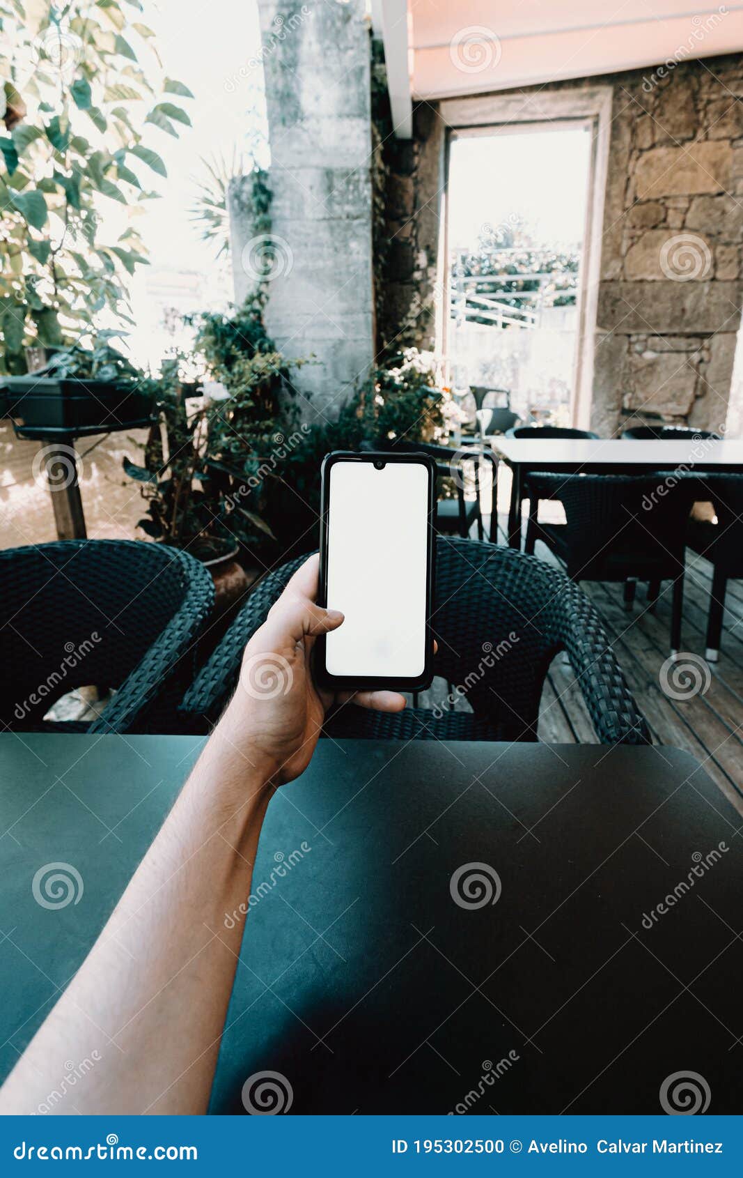Self Point of View of a Mobile Phone Screen on a Bar with Copy Space ...