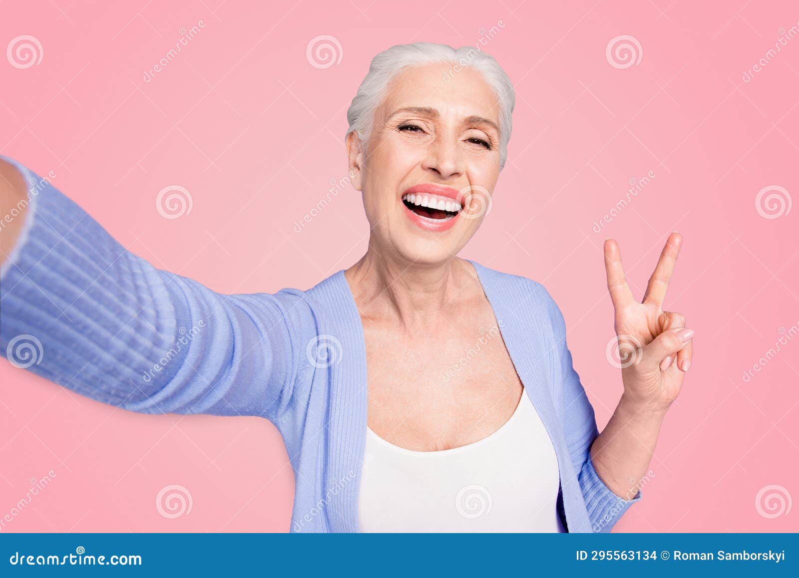 Self Portrait Of Grey Haired Old Nice Beautiful Cheerful Smiling Woman