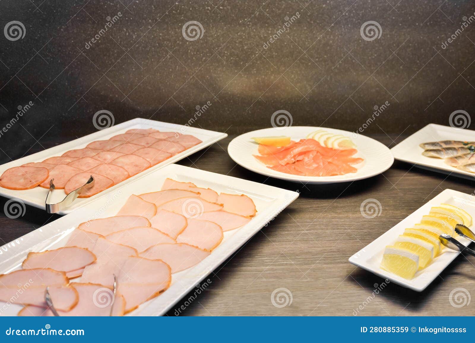 Self-service Breakfast Buffet with Various Sliced Meat and Fish Dishes ...