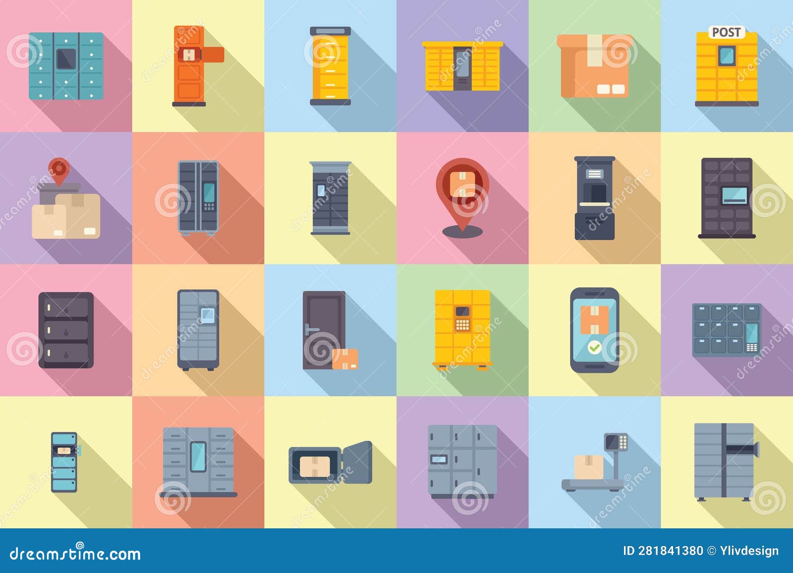 Self-service Parcel Delivery Icons Set Flat Vector. Locker Automat ...