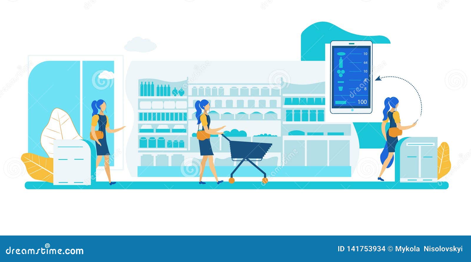 Self-service Cashier Or Terminal Doodle Style Color. Vector Set On ...