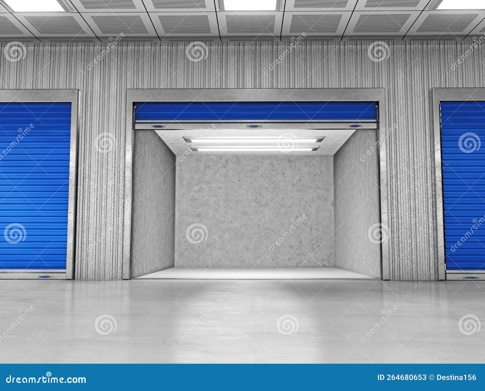 Self Storage Units with One Open Empty Room. 3D Illustration Stock ...