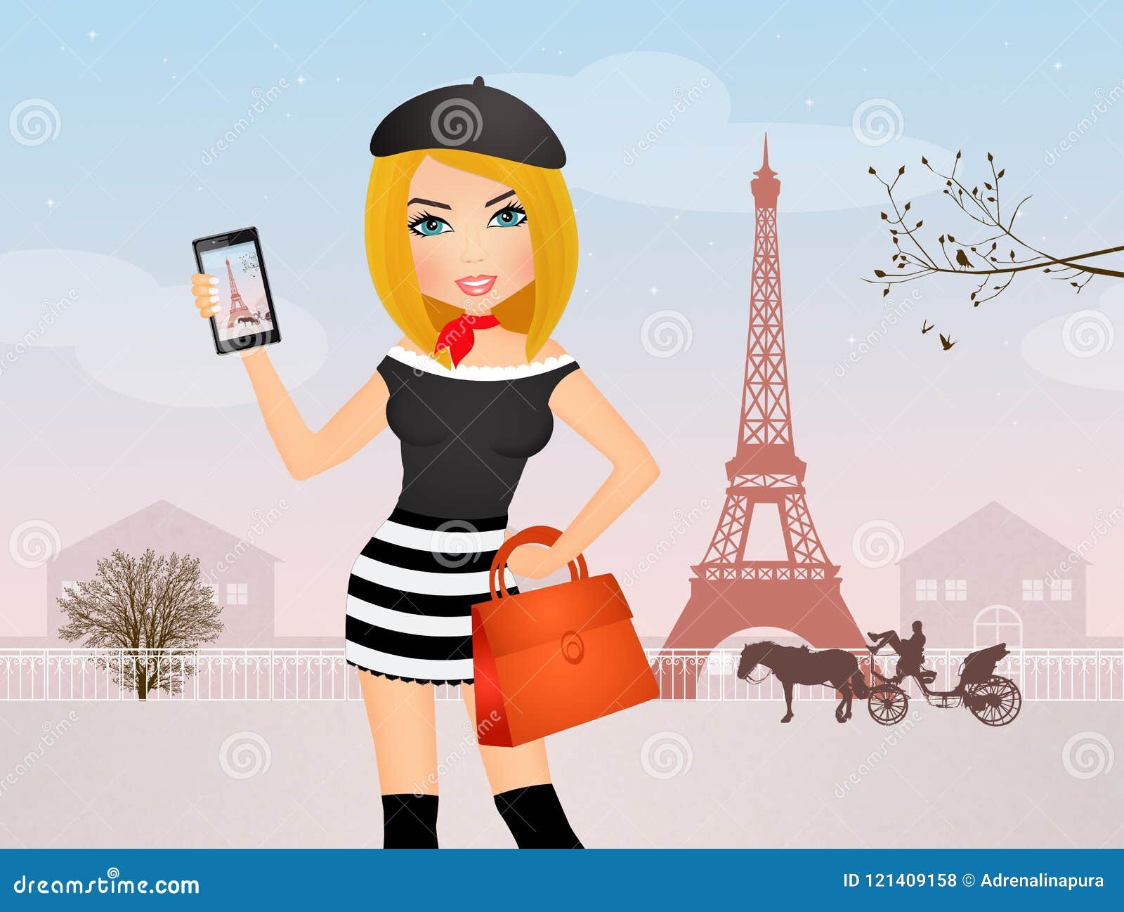 Girl In Paris In Red Dress Vector. Eiffel Tower On Background. Cartoon ...