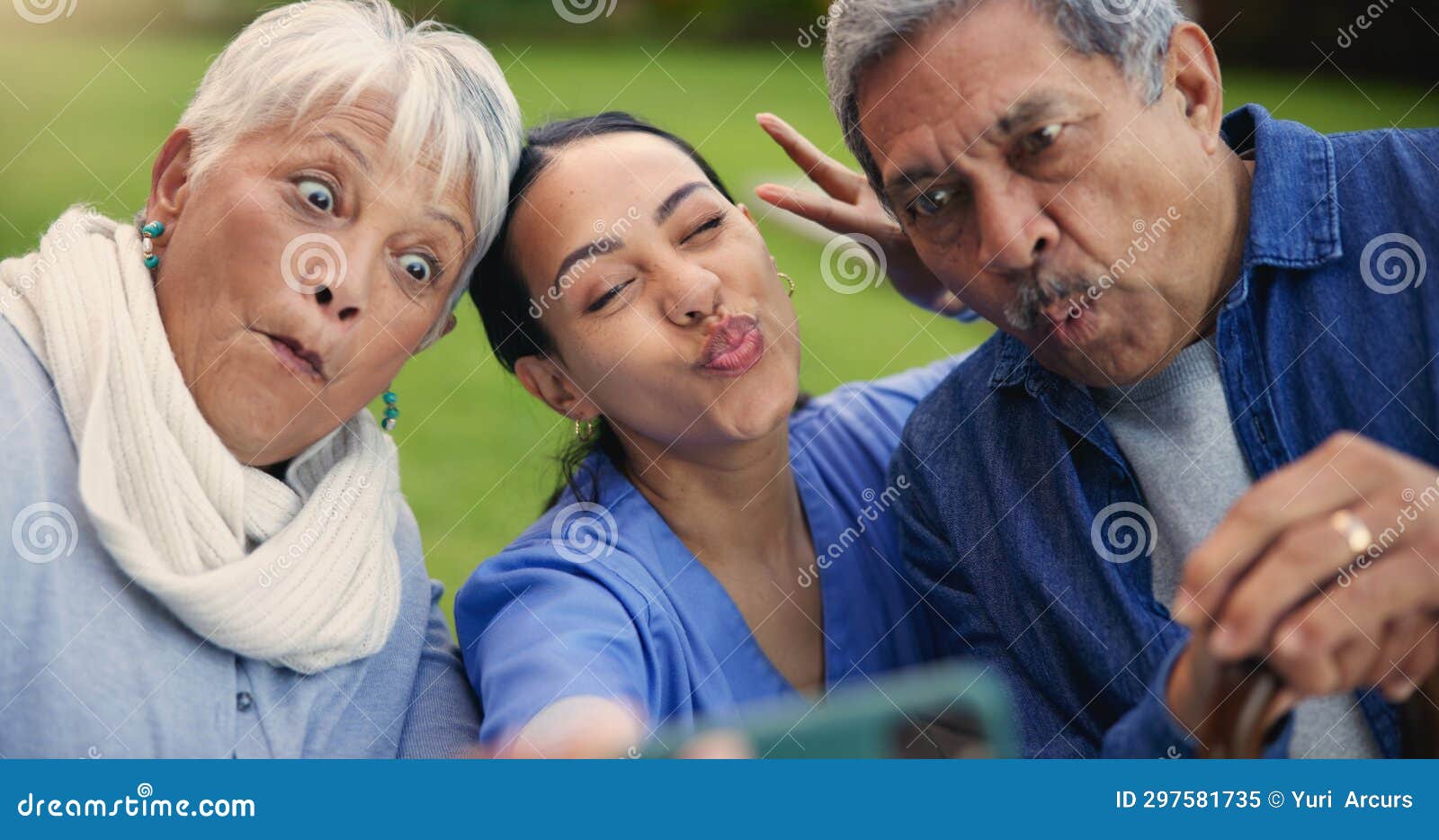 Selfie Peace Sign And Couple Of Friends With Social Media Post