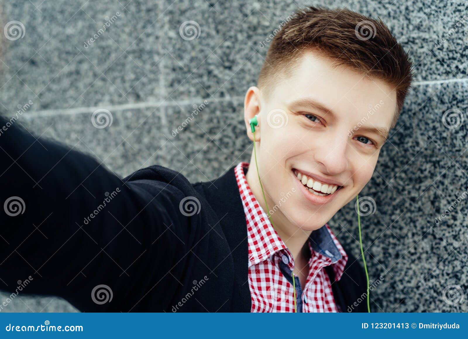 Selfie Photo of Attractive Smiling Young Man in Plaid Shirt. Stock ... Selfie Photo of Attractive Smiling Young Man in Plaid Shirt. Stock ...