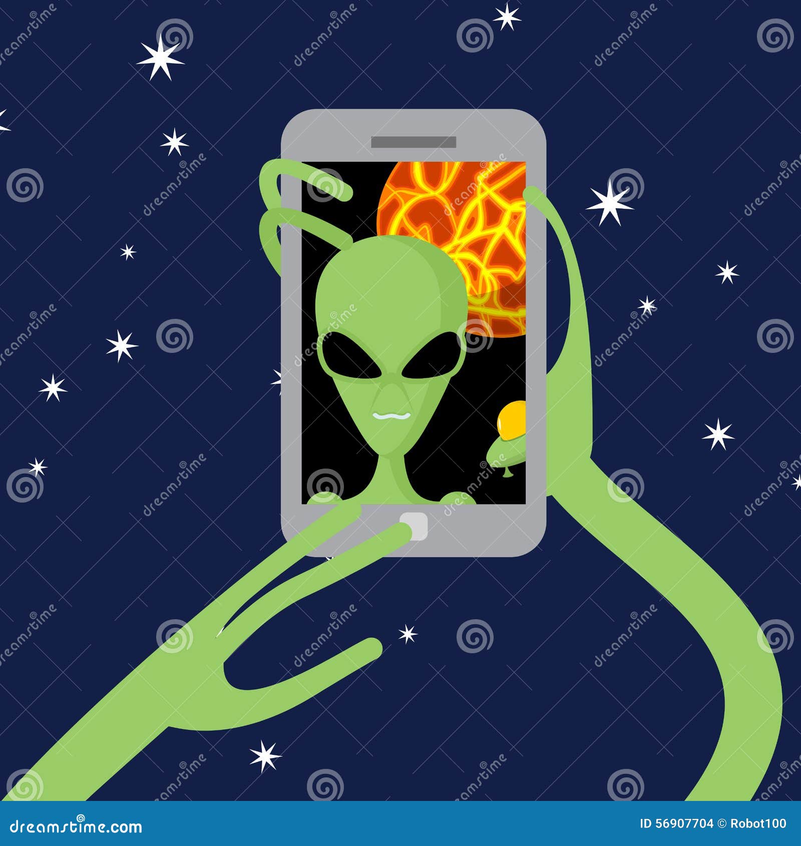 Selfie Space. Alien Shoots Himself on Phone Against Backdrop of Stock ...