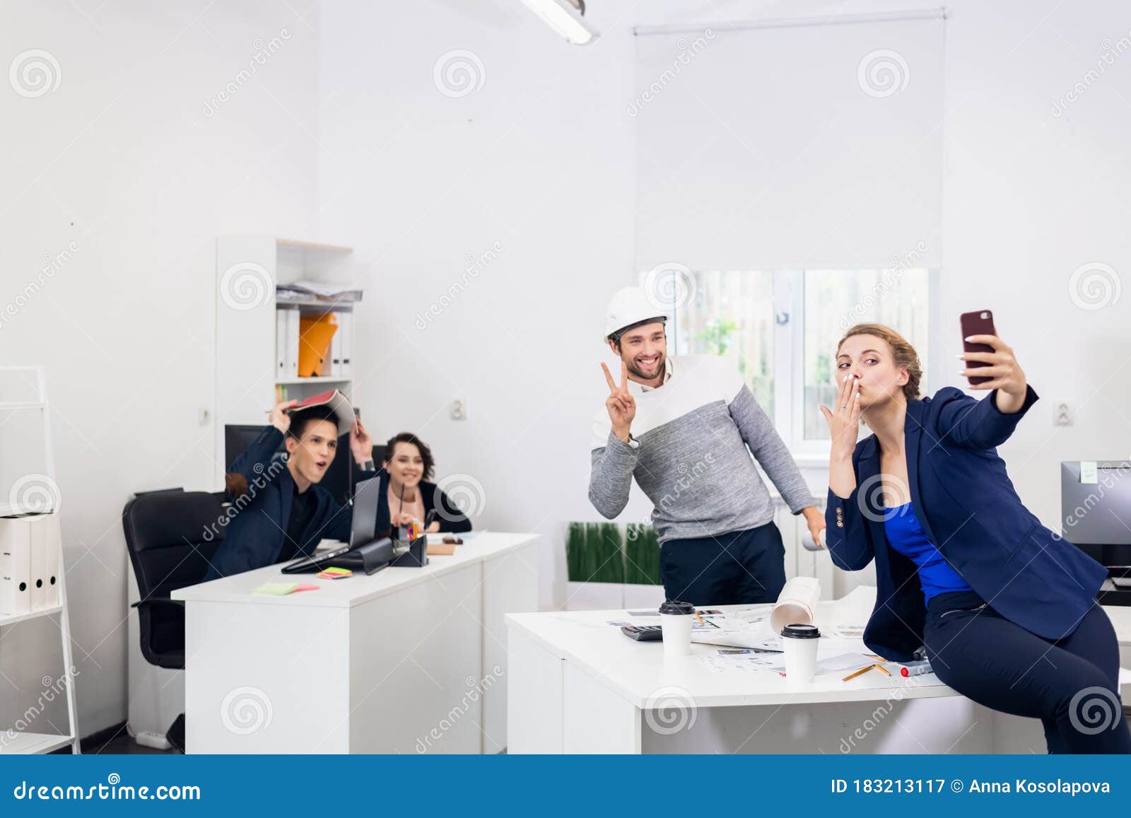 Selfie Time. Office Workers Taking Selfies at Work Stock Image - Image ...