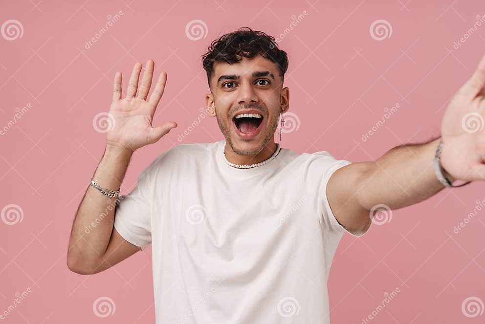 Selfie of Young Stylish Smiling Man with Opened Mouth Waving Stock ... Selfie of Young Stylish Smiling Man with Opened Mouth Waving Stock ...