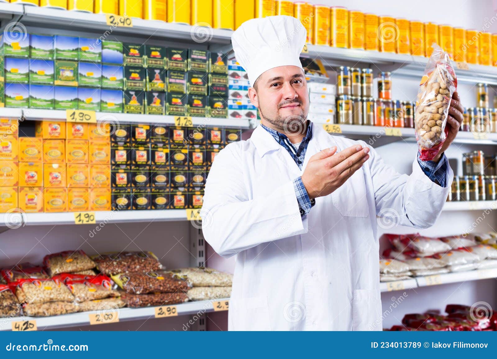 Seller in Local Grocery Store. Stock Image - Image of selling, salesman ...