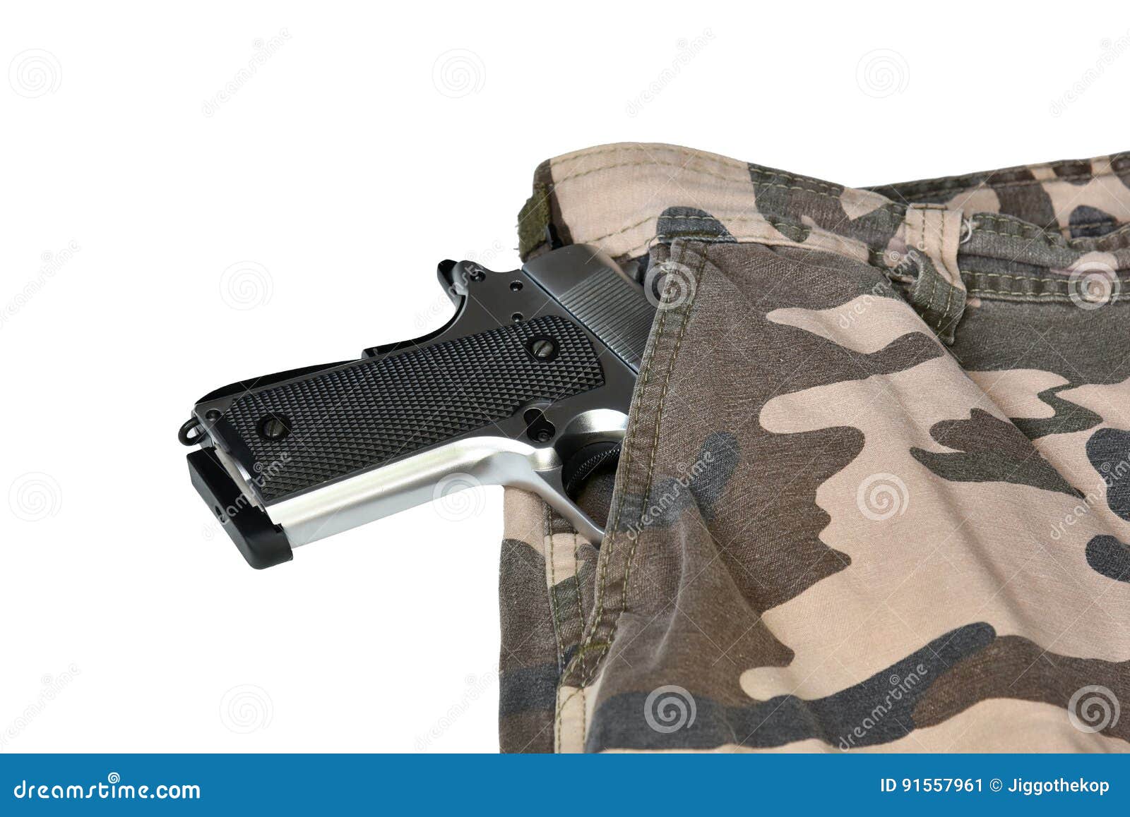 1911 Semi Automatic Handgun in Camouflage Pant Pocket White Back Stock ...