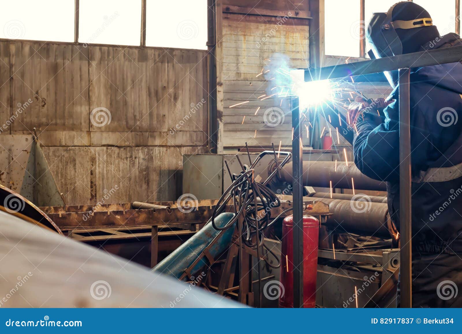 Semi-automatic Welding of Metal Structures in the Shop Stock Image ...