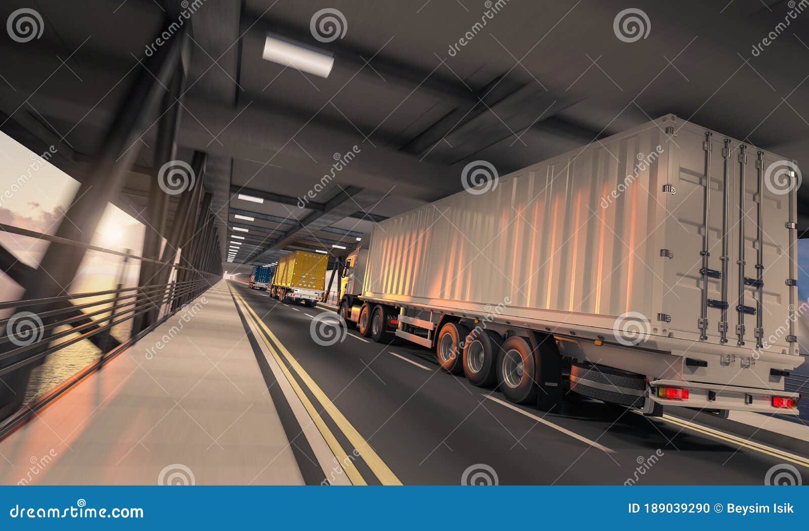 Semi Container Trucks in Motion on the Lower Deck Stock Illustration ...