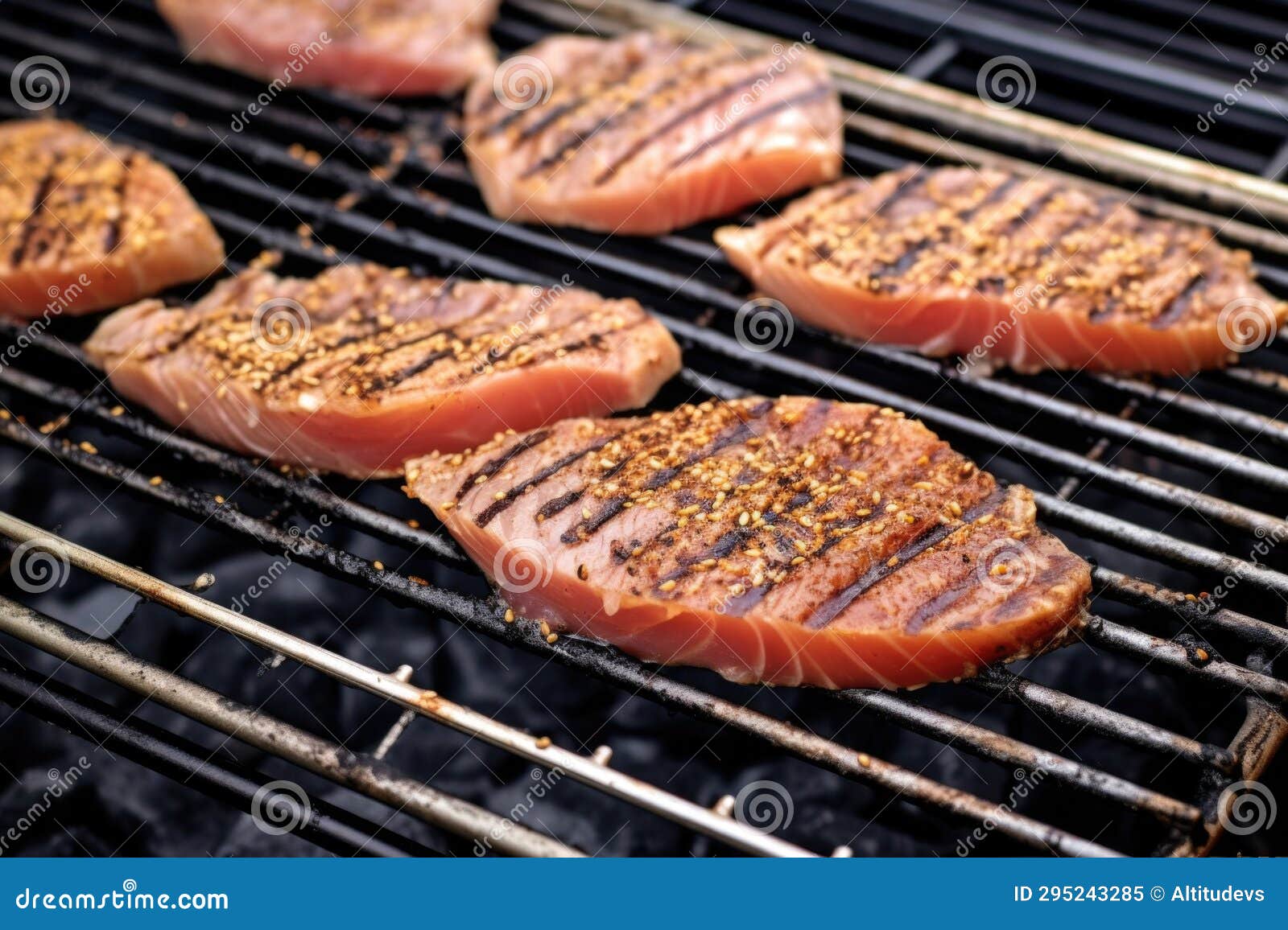 Semi-cooked Tuna Steaks with Sesame on a Grill Rack Stock Image - Image ...