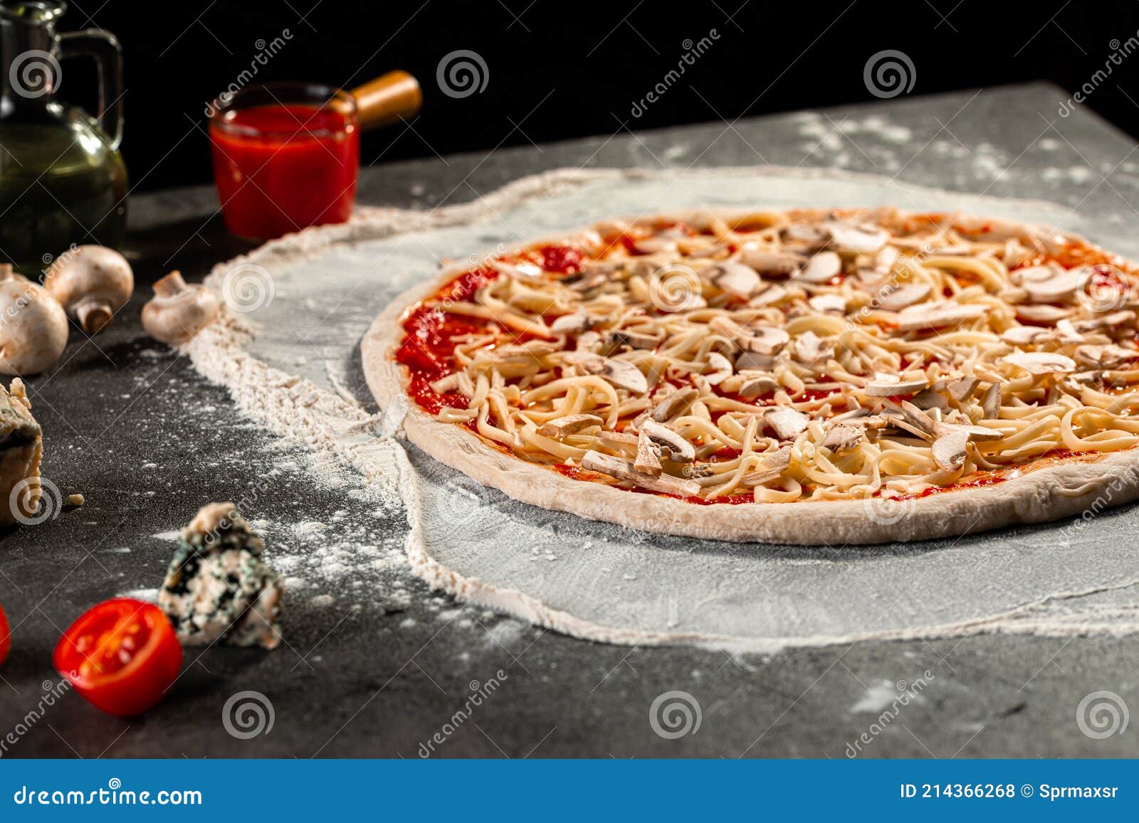 Semi Finished Pizza with Cheese and Tomato Sauce Stock Photo - Image of ...