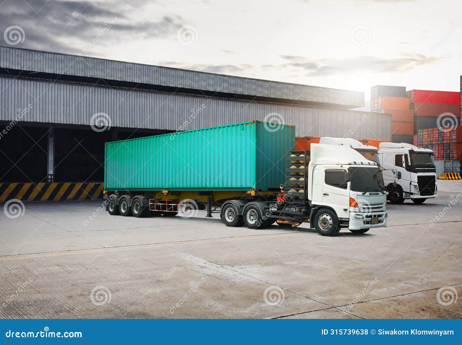 Semi Trailer Trucks Loading at Warehouse Dock. Cargo Container Shipping ...