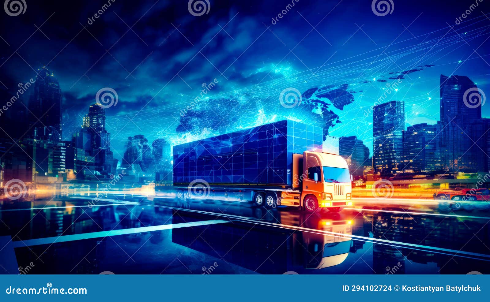 Semi Truck Driving Down Road with World Map in the Background ...