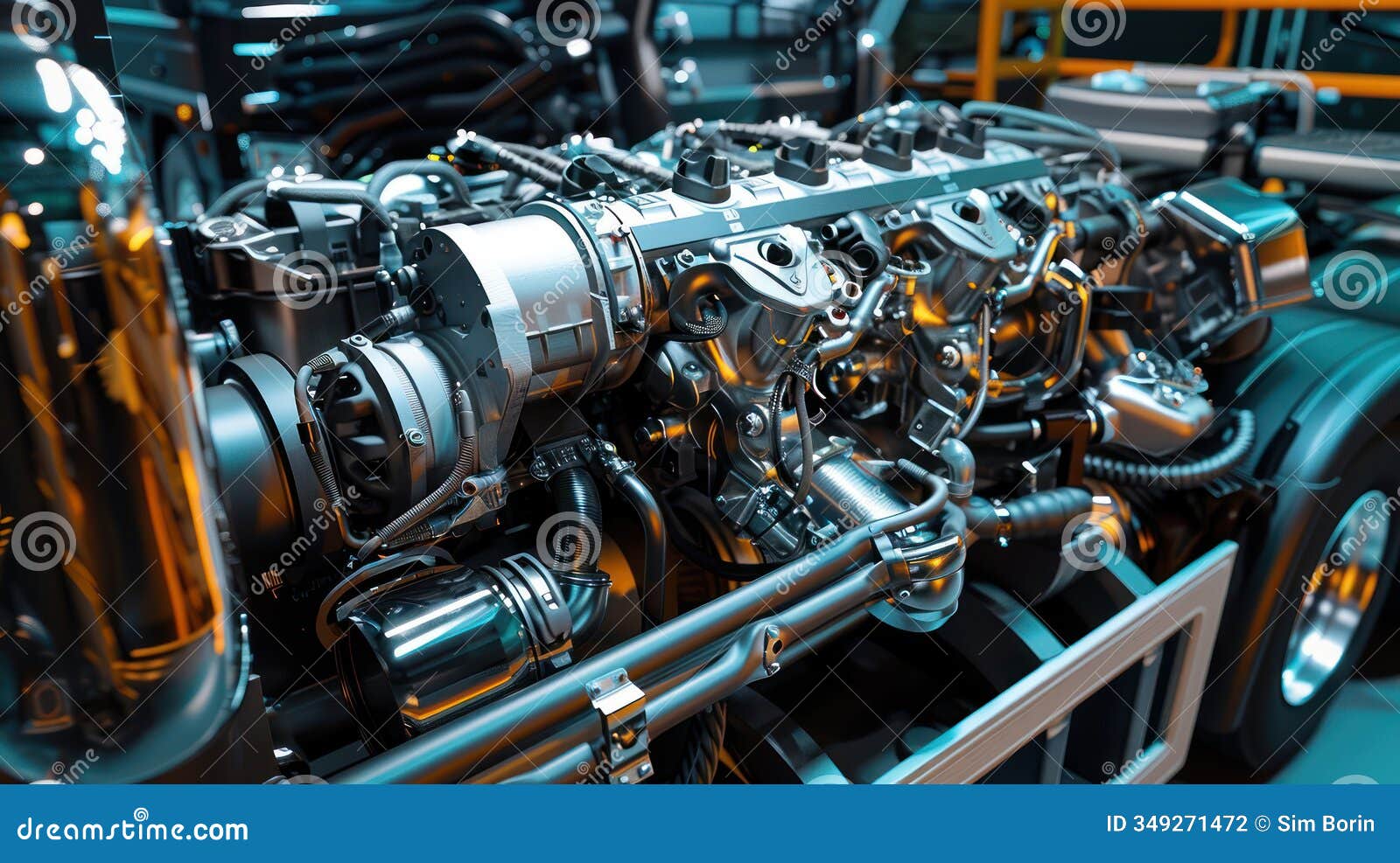 Semi-truck Engine with Visible Turbochargers and Cooling Stock ...