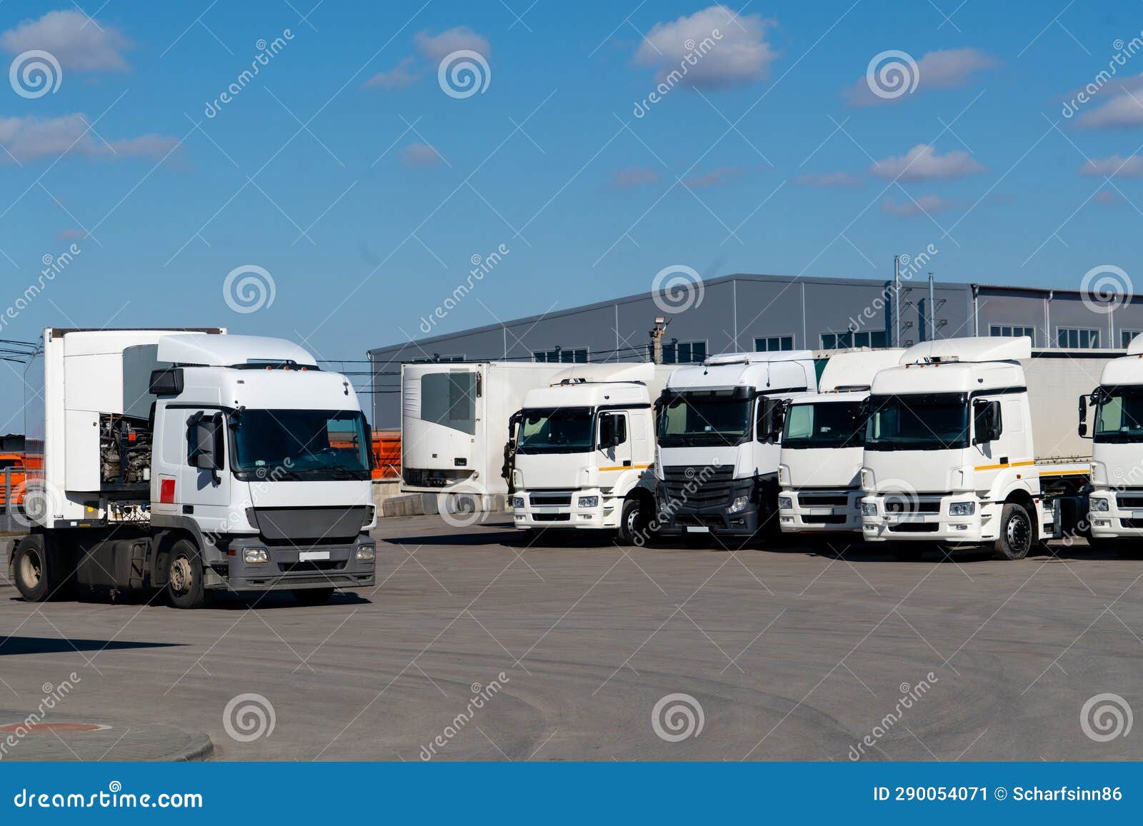 Semi Truck Fleet at the Logistics Center Stock Image - Image of company ...